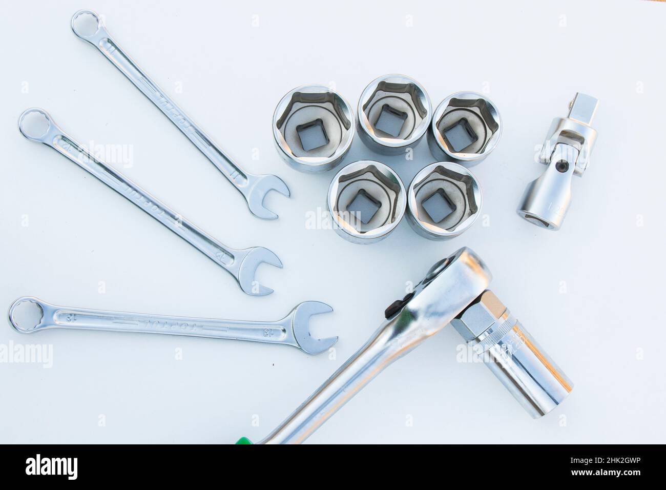 Large group of wrenches, professional kit, different metal wrenches on ...