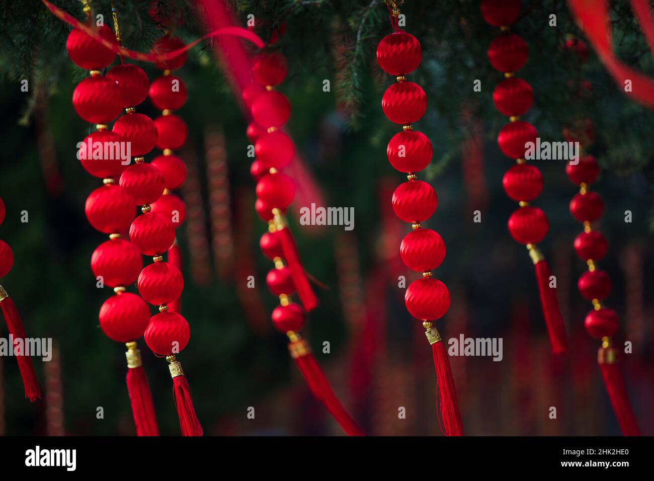 Red decorations hanging from tree branches in Chinese garden Stock ...