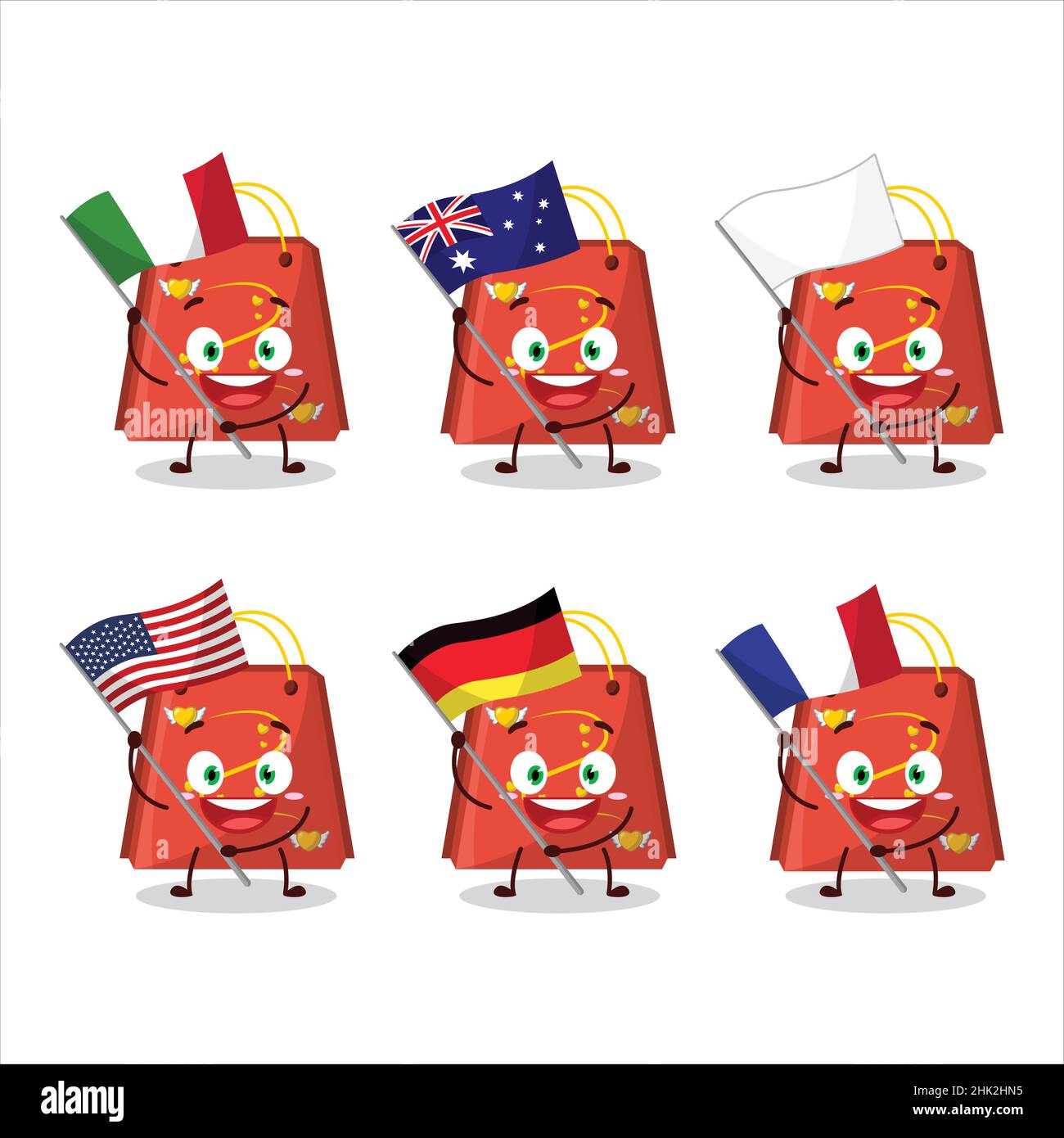 Red Love Bag Cartoon Character Bring The Flags Of Various Countries