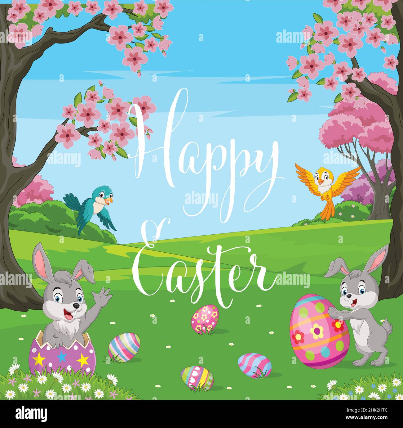 Happy little bunnies cartoon with easter eggs in spring forest Stock ...