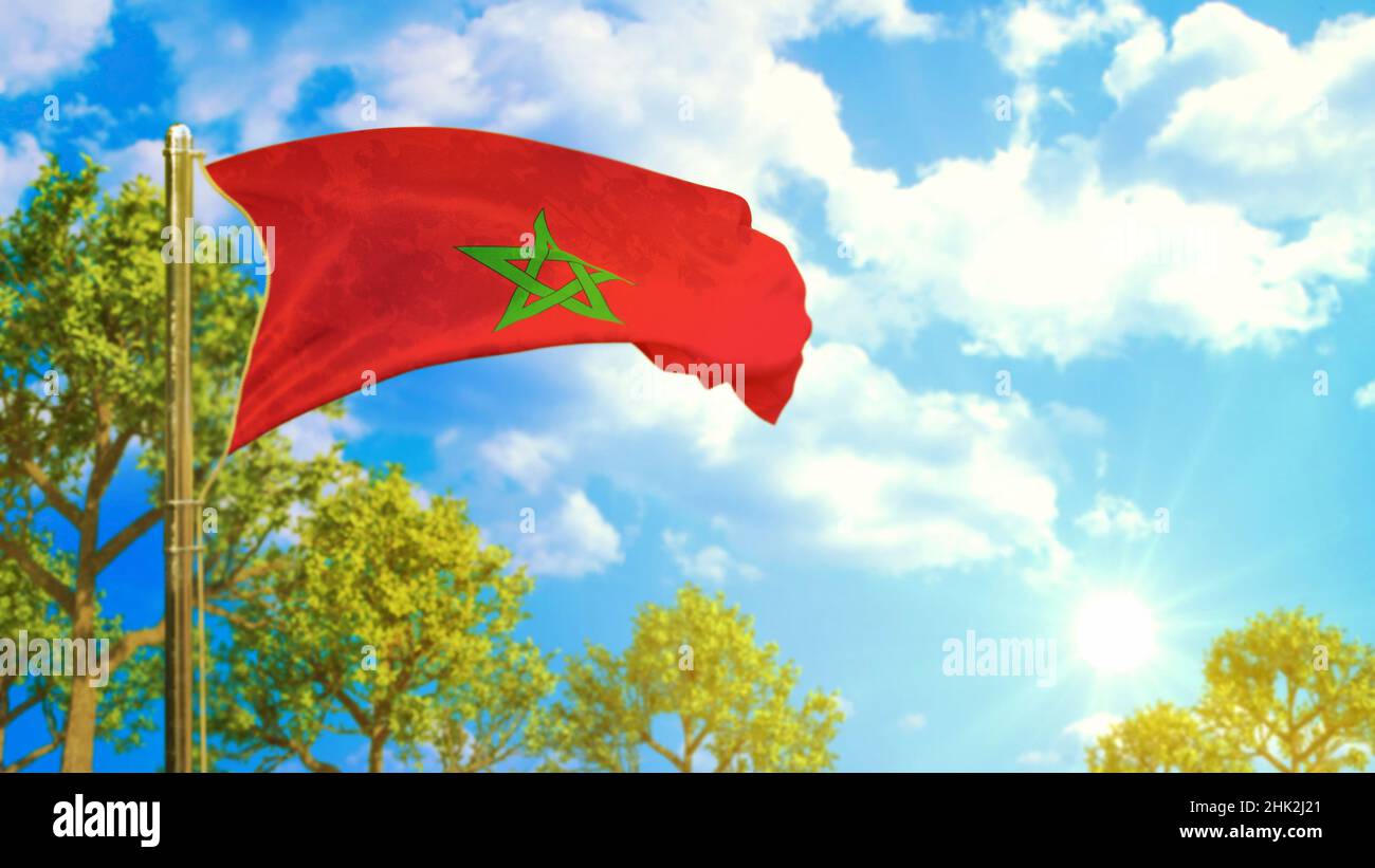 flag of Morocco at sunny day, carbon free symbol - nature 3D ...