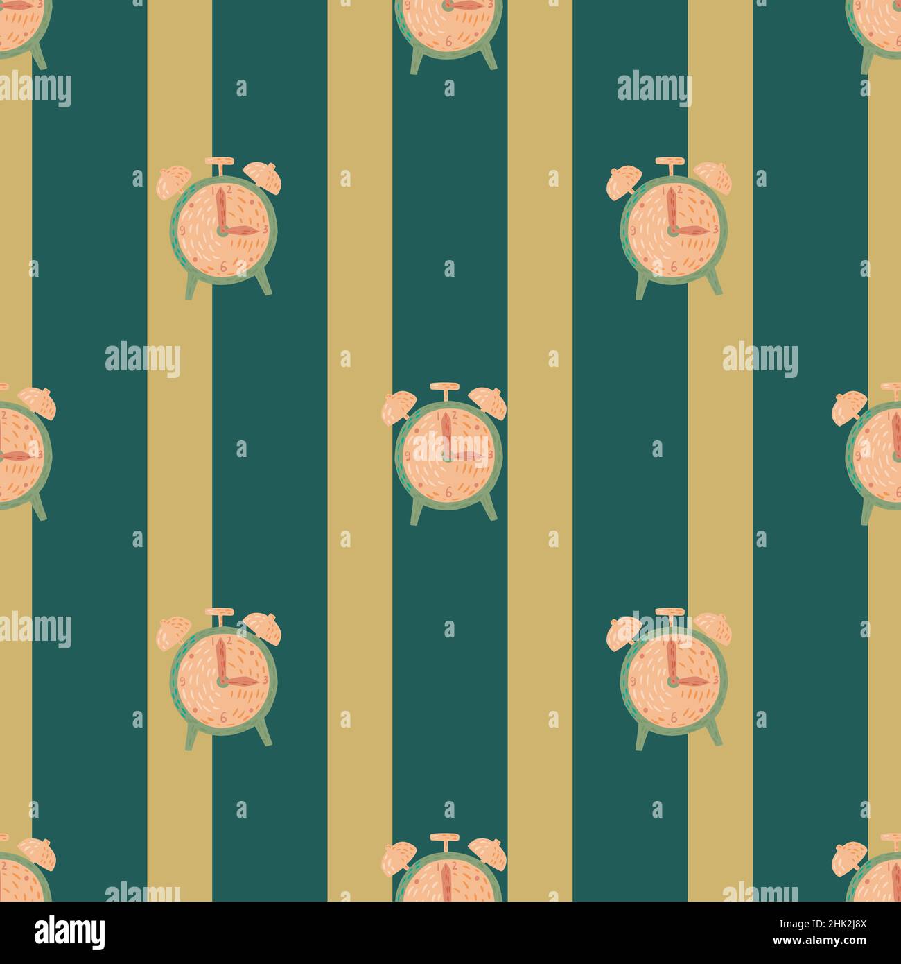 Pink tones alarm clock seamless pattern in gand drawn simple style ...