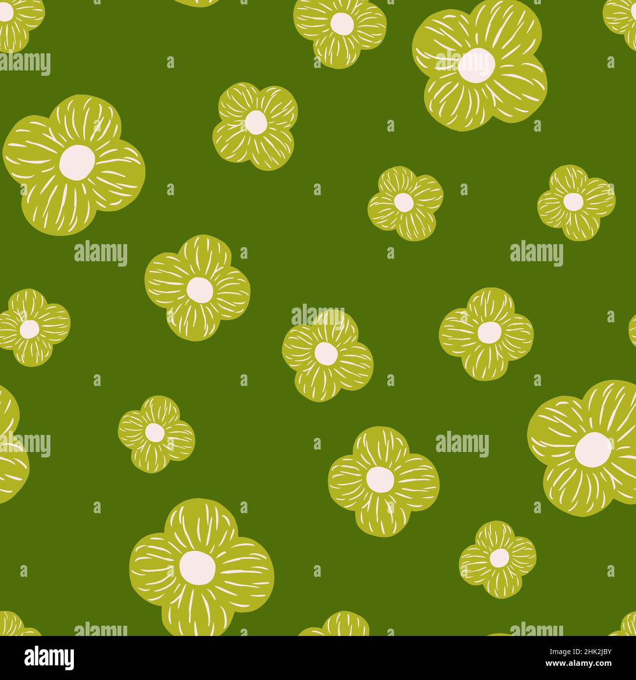 Random botanic seamless pattern with simple flowers elements. Green background. Hand drawn style ...