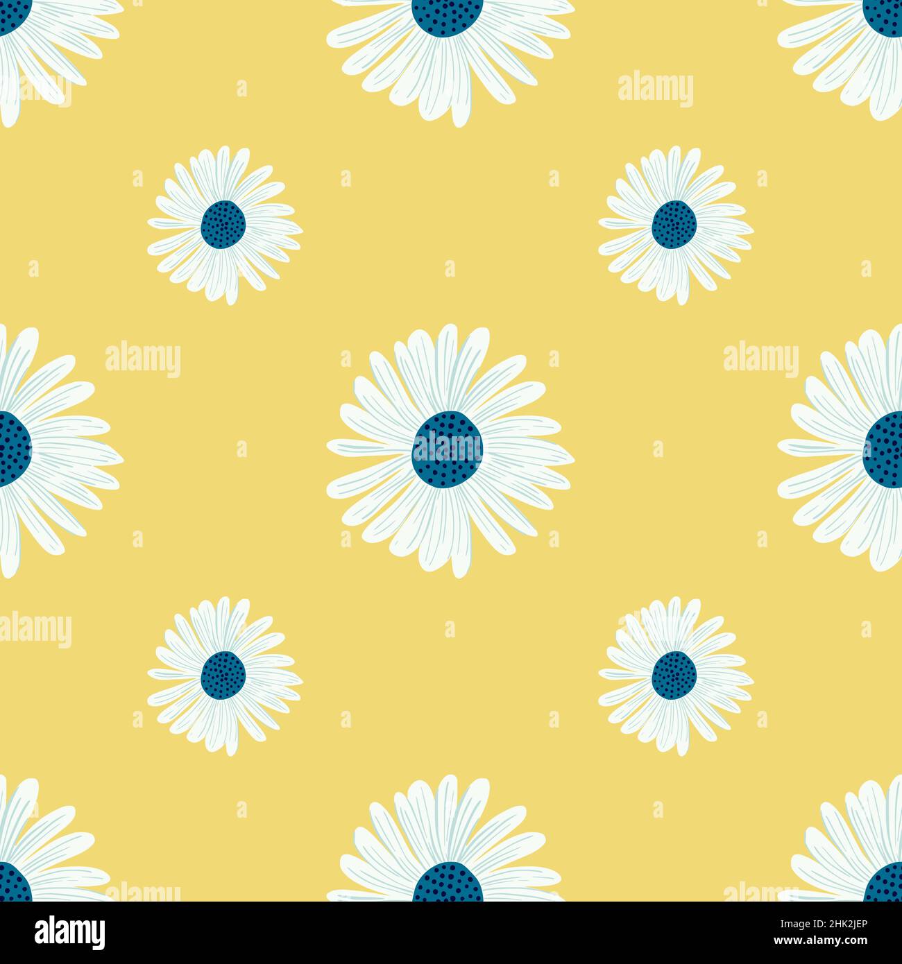 Scrapbook botanic seamless pattern with simple white daisy flowers ornament. Yellow pastel ...