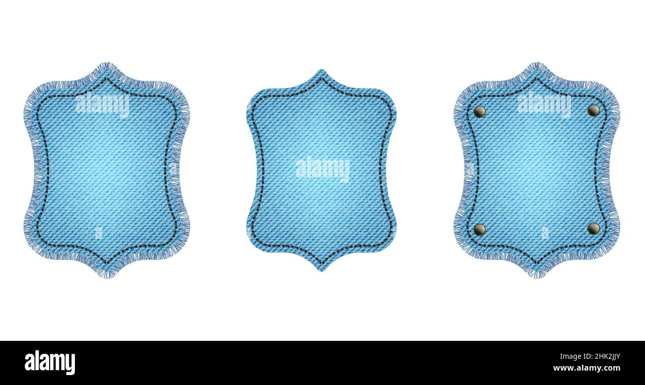 Set of blue denim patches with stitch, rivets and fringe. Light blue ...