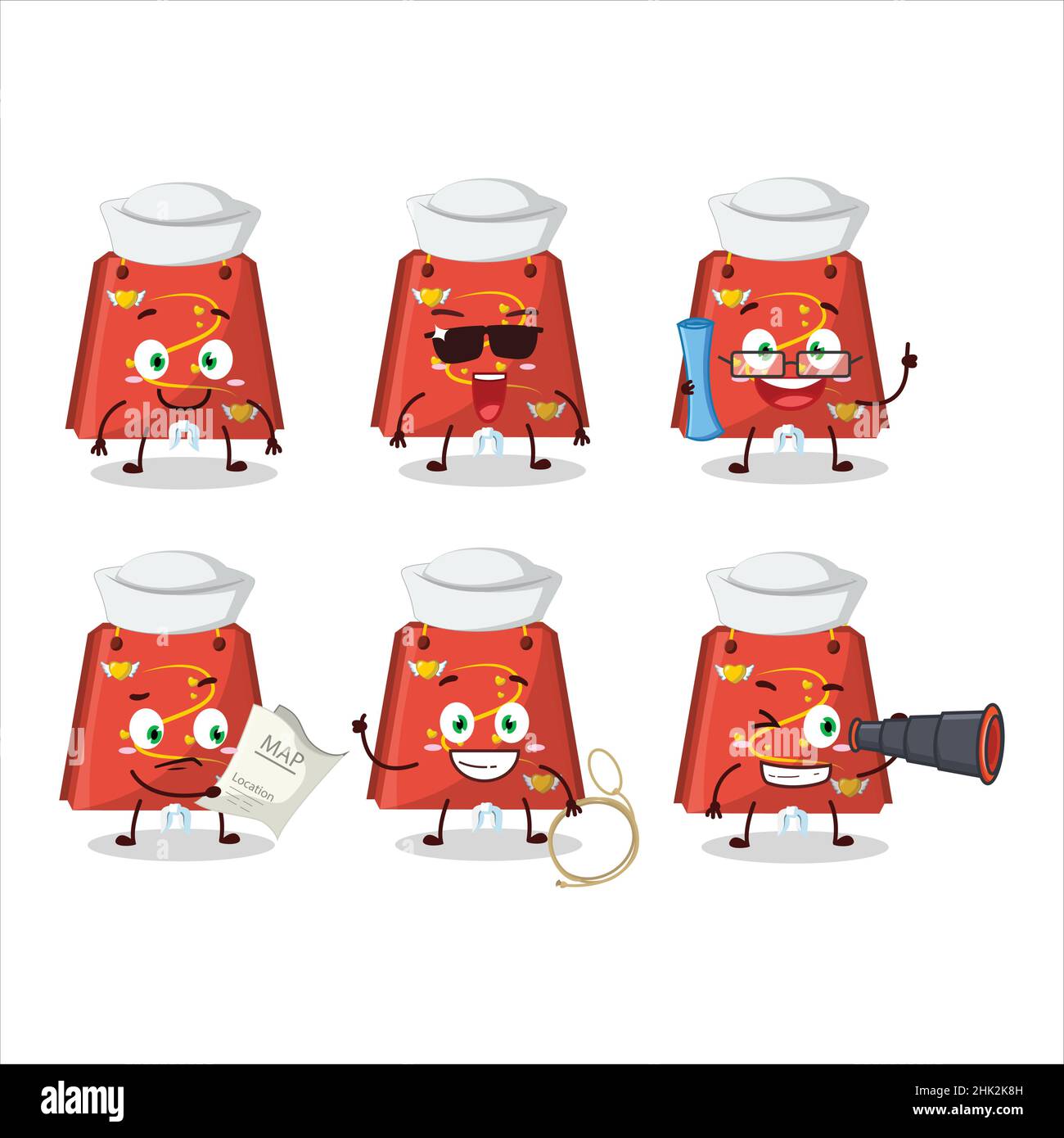 A character image design of red love bag as a ship captain with ...