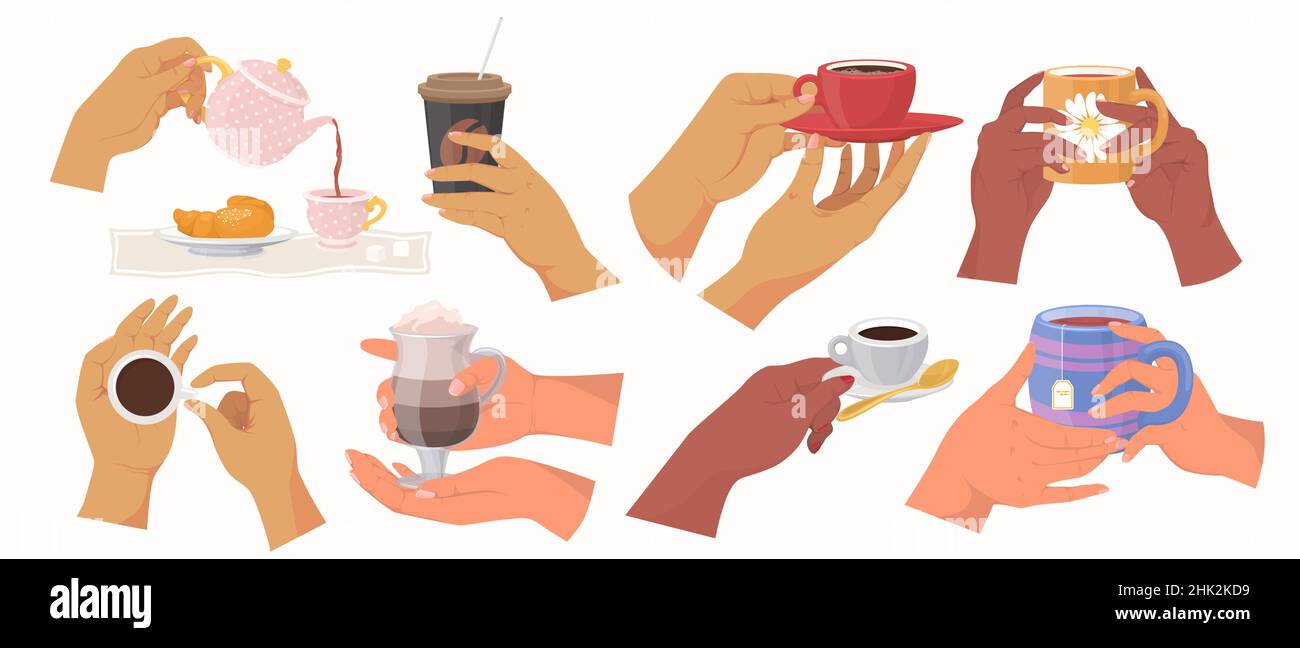 Women hands holding tea cups and coffee mugs, vector isolated ...
