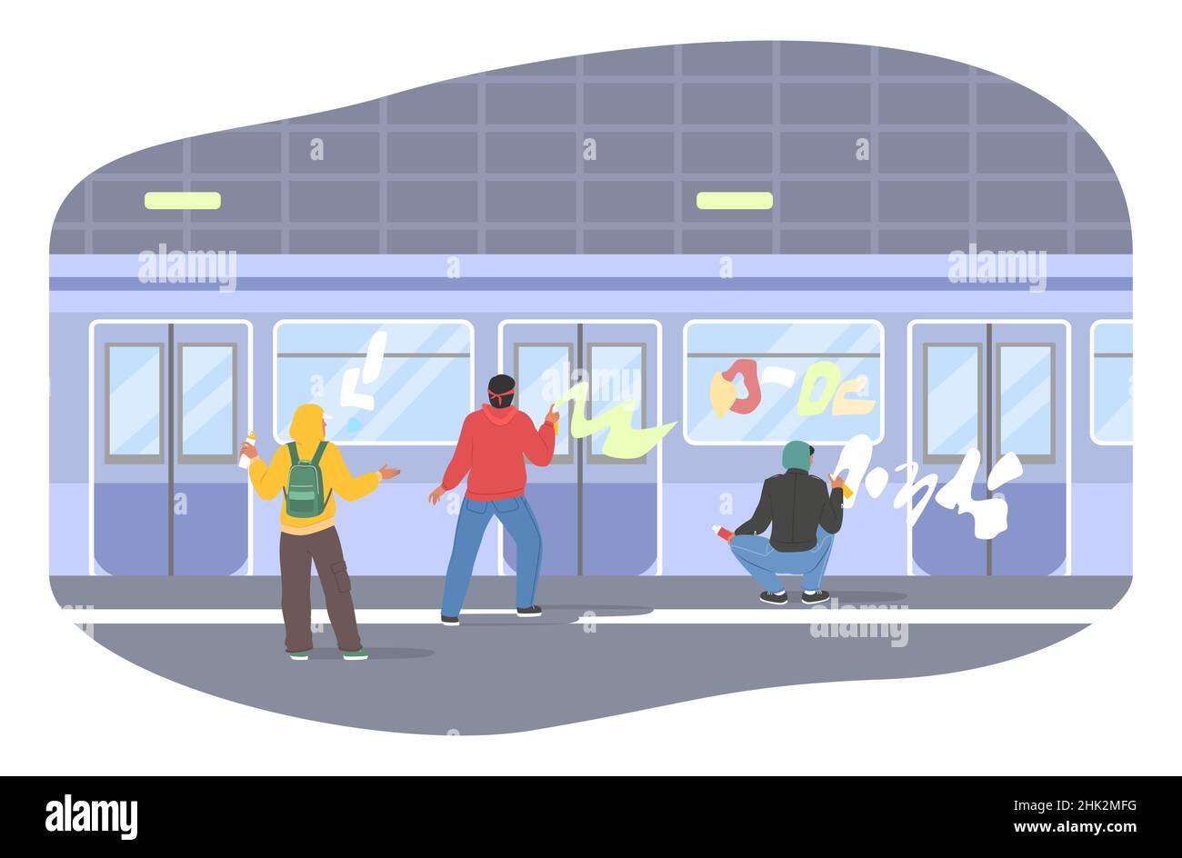 Street hooligans, vandals, graffiti painters painting subway train with ...