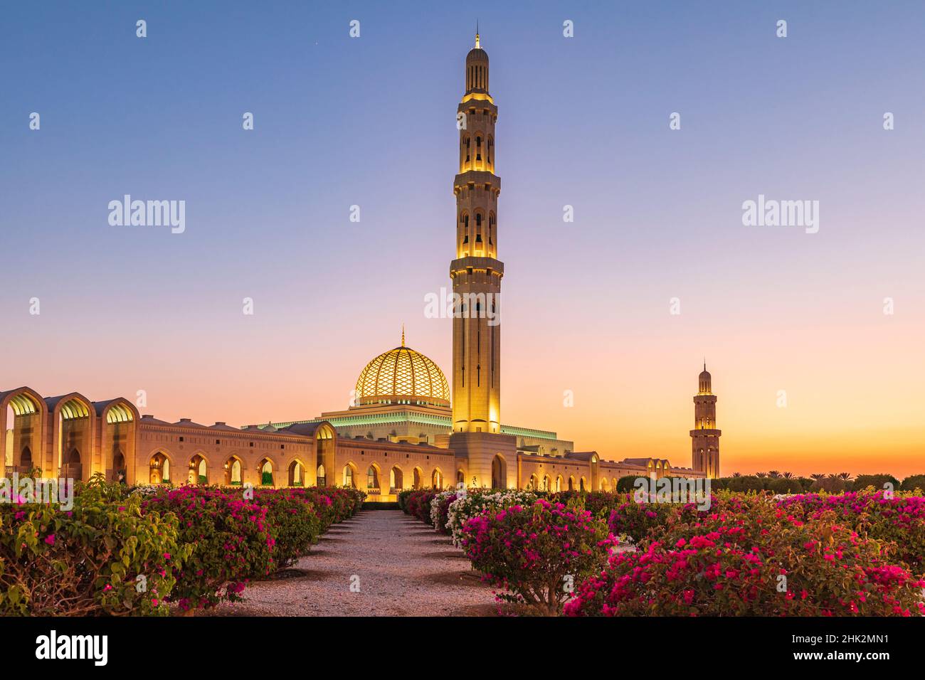 Middle East, Arabian Peninsula, Oman, Muscat. Sunset view of the Sultan ...