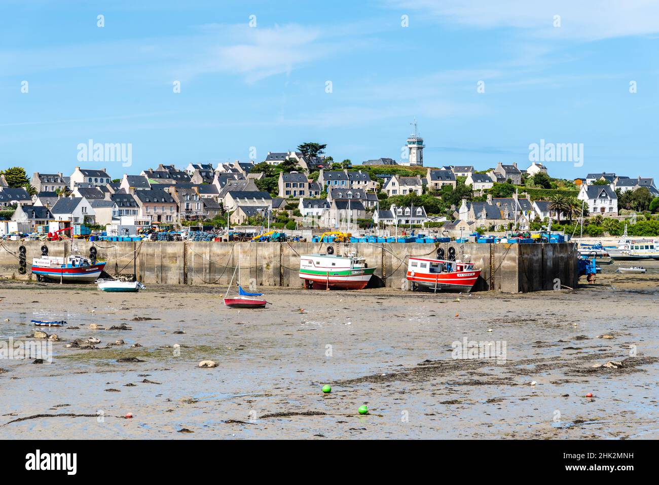 Roscoff, France - July 30, 2018: The harbour of Batz Island at low tide ...