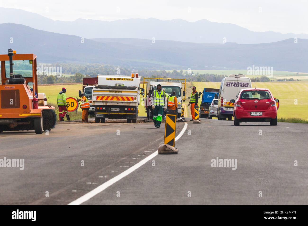 roadworks on national road in Western Cape, South Africa with cars and ...