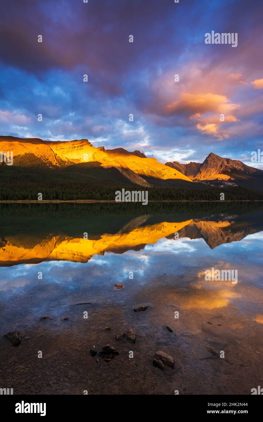 Evening light on Maligne Lake and Sampson Peak, Jasper National Park ...