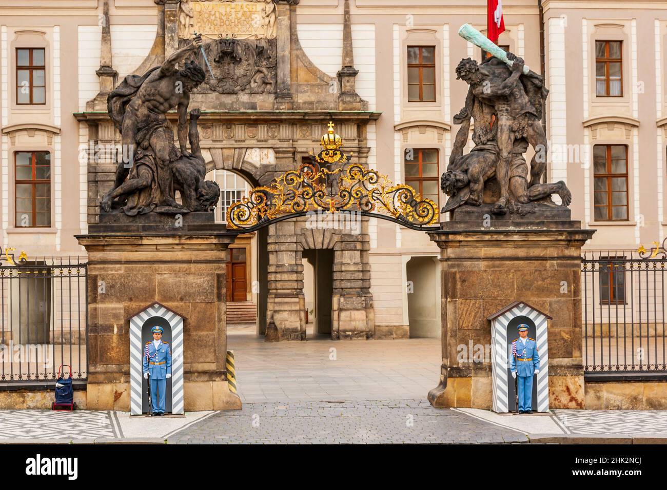 Prague, Czech Republic. The Matthias Gate at Prague Castle, with guards ...