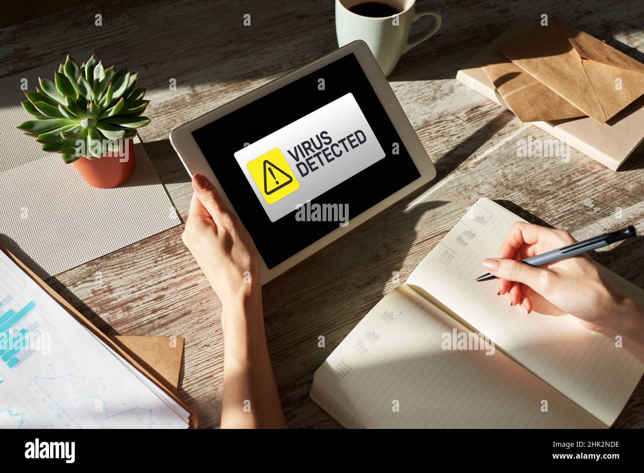Virus Detected warning message on screen. Cyber security breach. Data ...