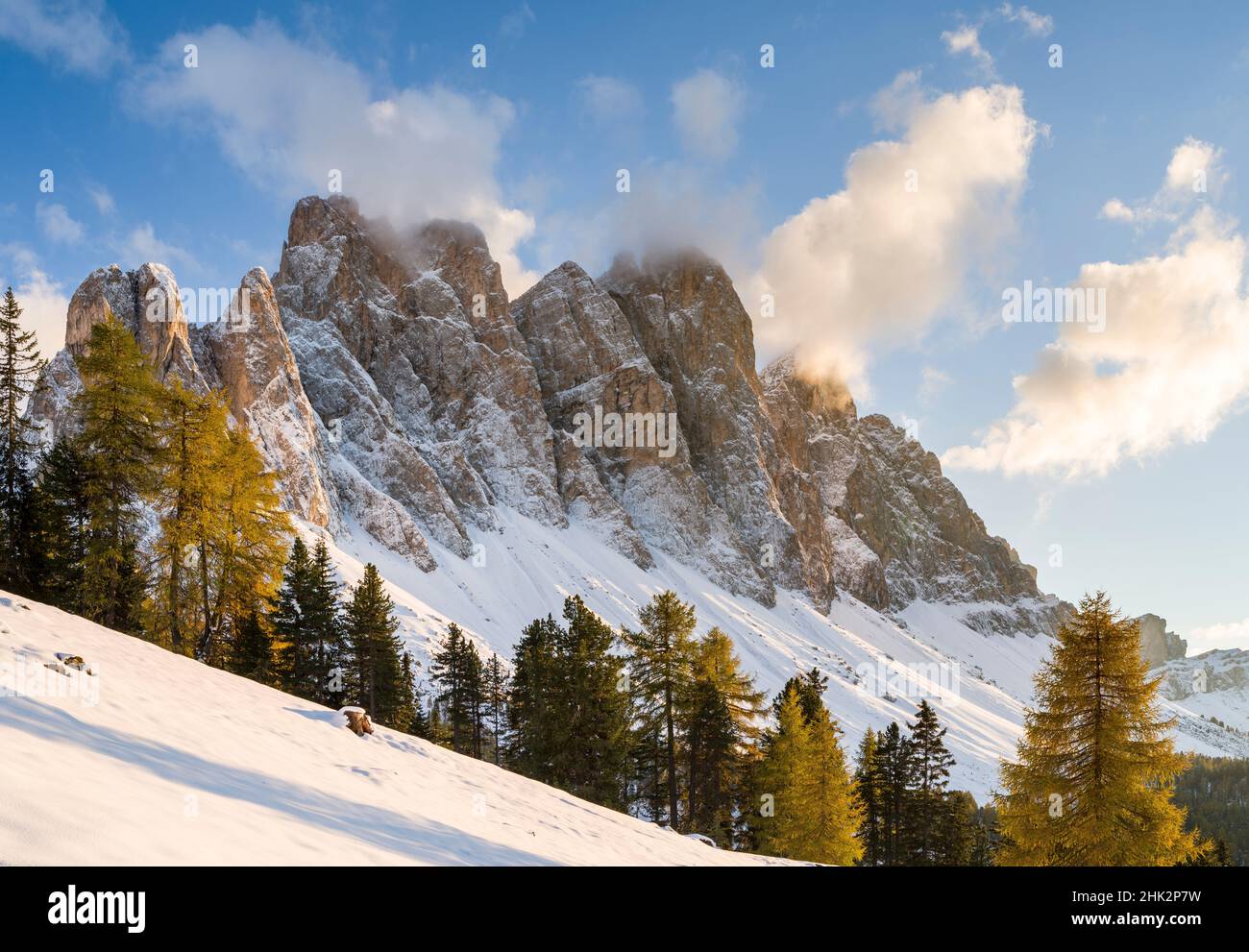 Geisler mountain range in the dolomites of the Villnoss Valley in South ...