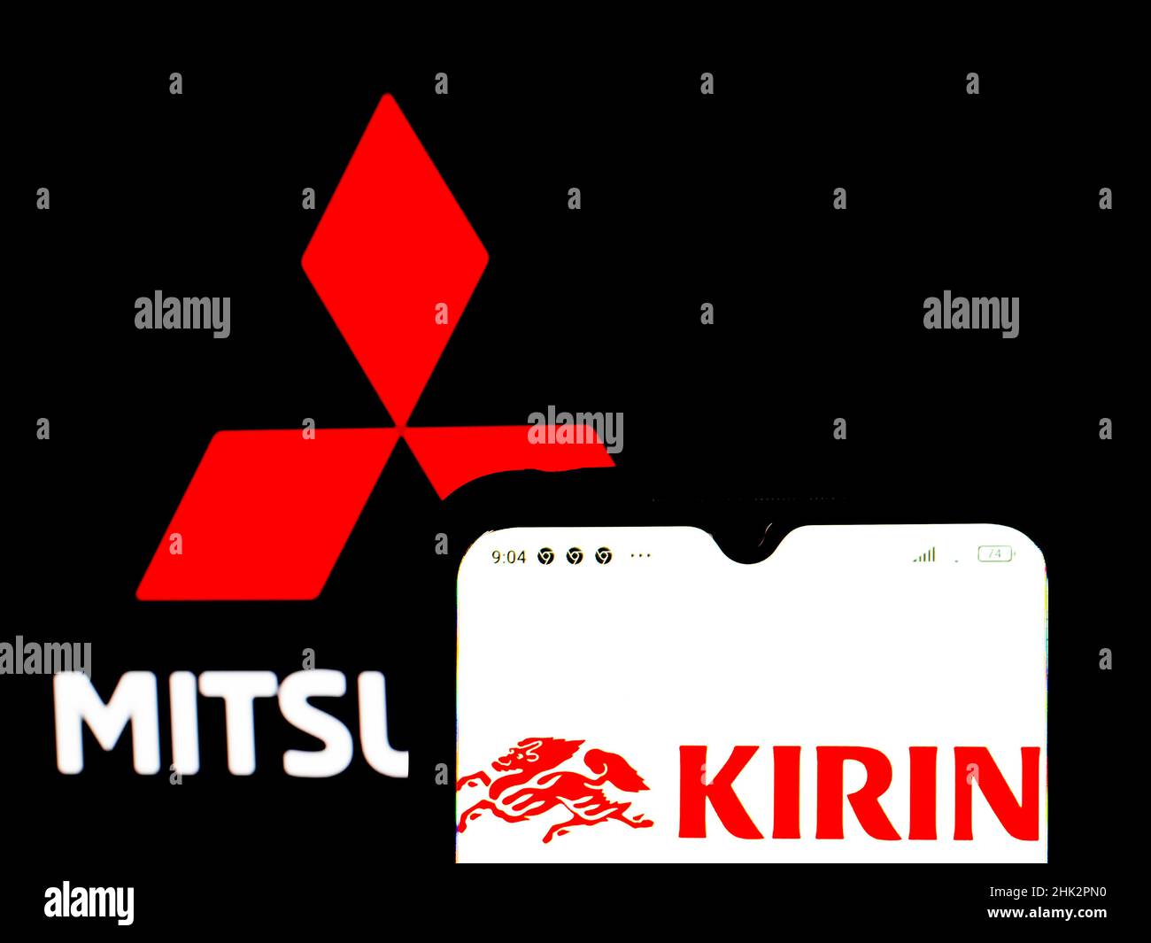 In this photo illustration, the Kirin Group‎ logo is displayed on a ...