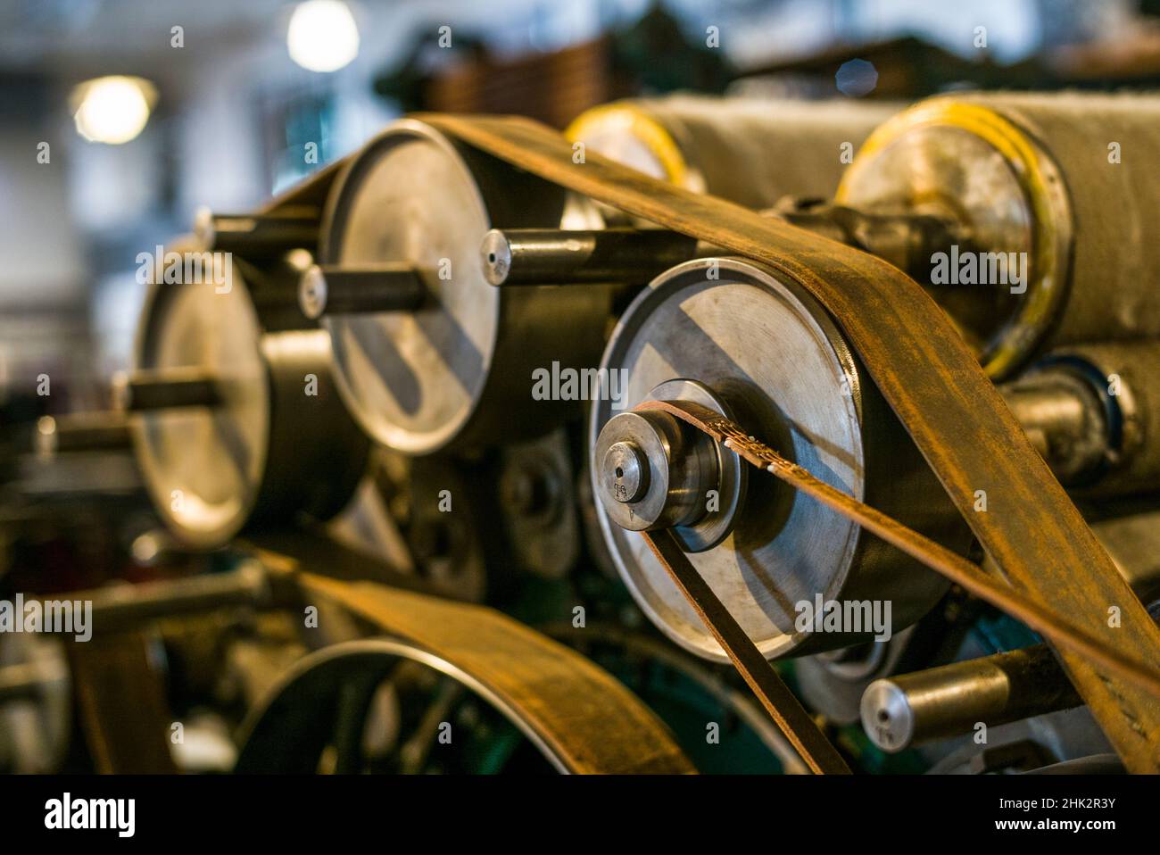 Sweden, Norrkoping, former mill town, 19th century cloth loom pulleys ...