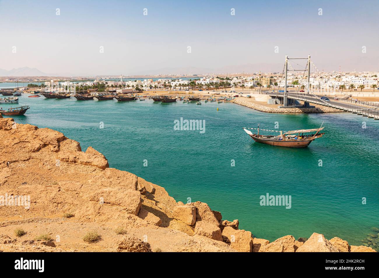 Middle East, Arabian Peninsula, Oman, Al Batinah South. Dhow passing ...