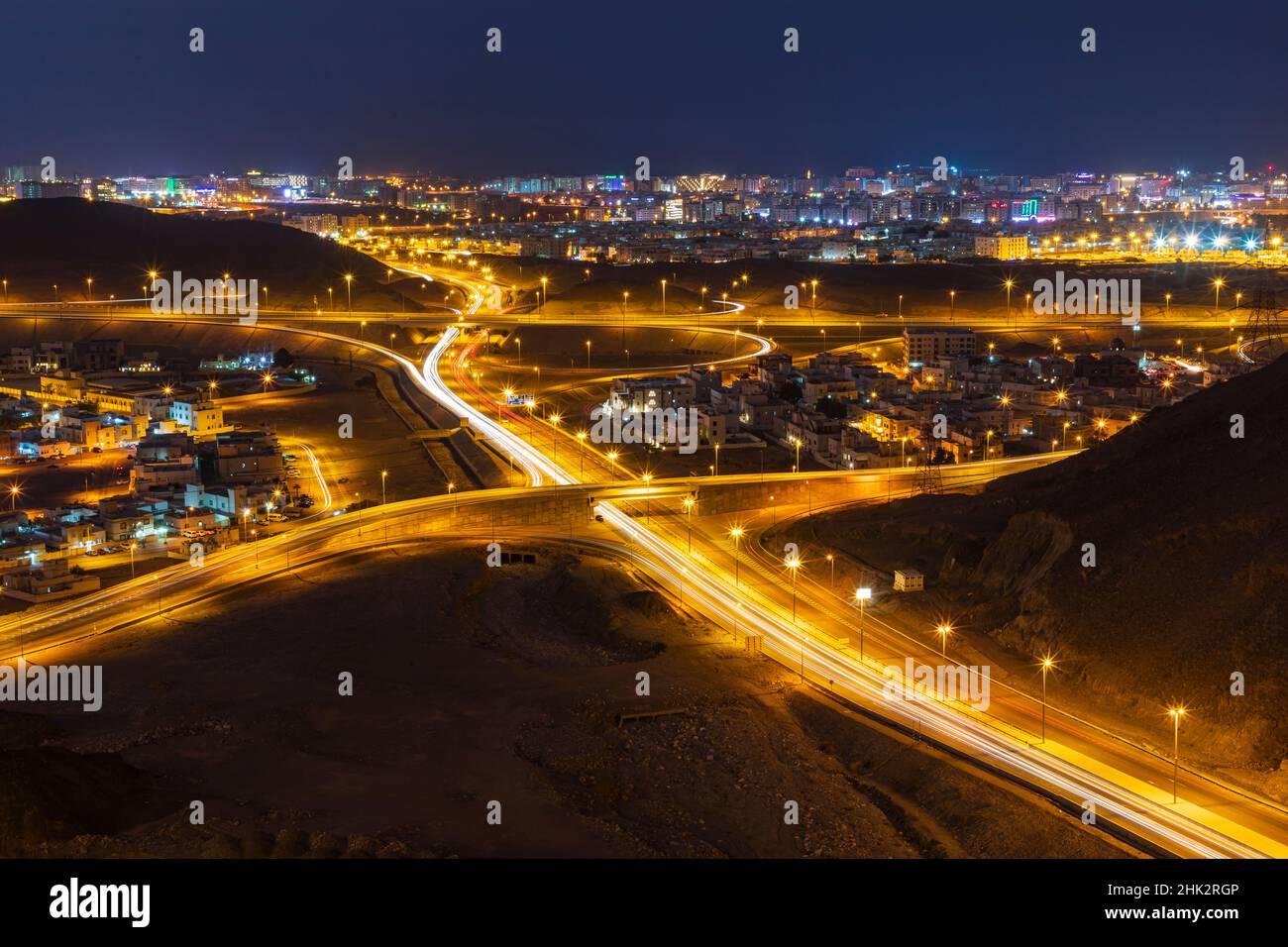 Middle East, Arabian Peninsula, Oman, Muscat, Bawshar. Night view of ...