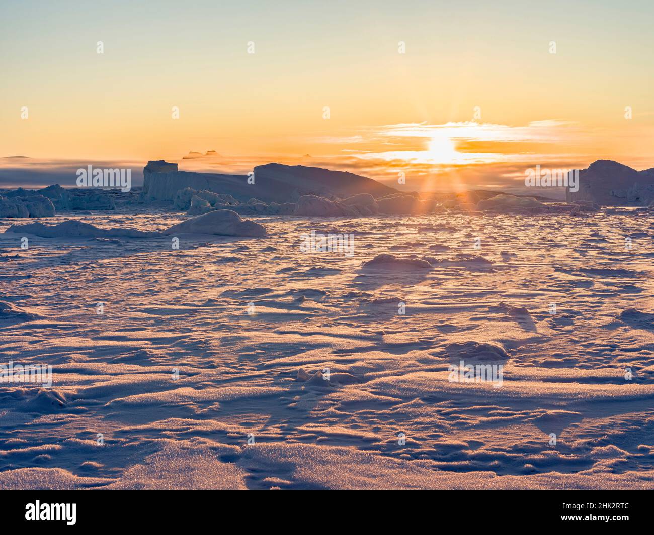 Icebergs frozen into the sea ice of the Uummannaq fjord system during ...