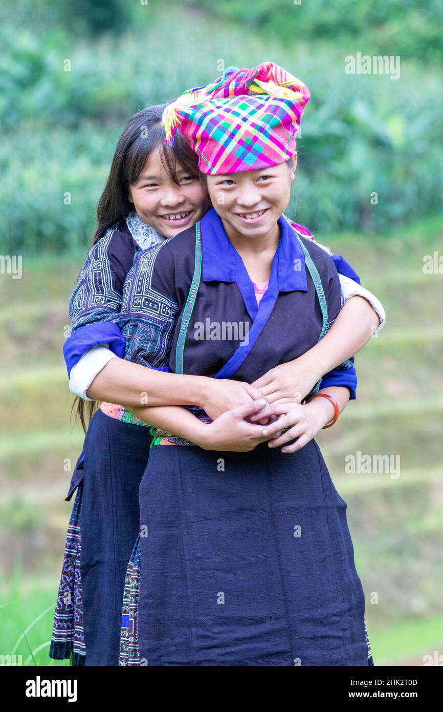 Vietnam. Young girls from farming community with traditional Sapa ...