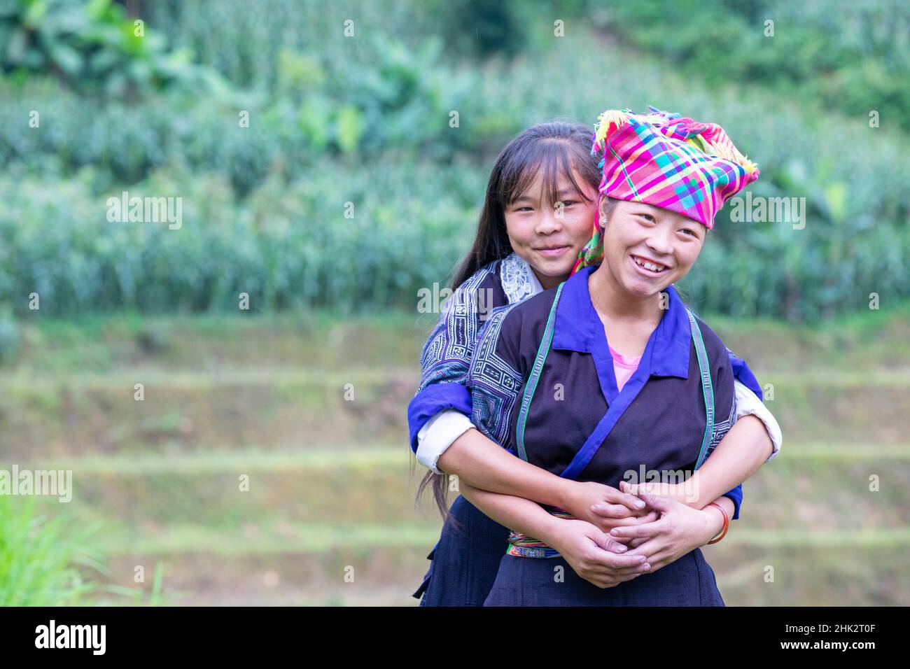 Vietnam. Young girls from farming community with traditional Sapa ...