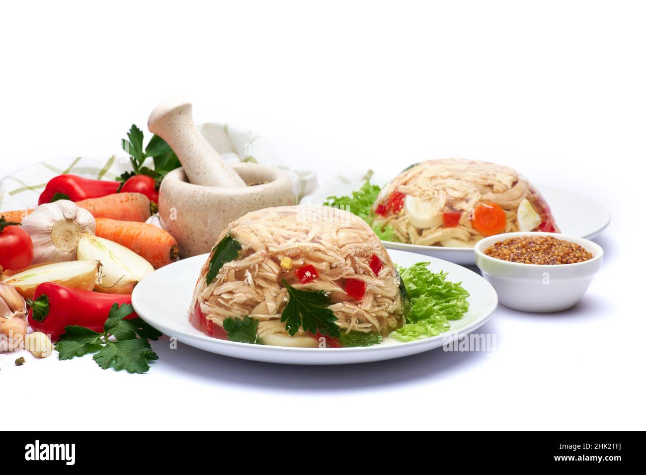 Delicious chicken aspic on a plate isolated on white background Stock ...