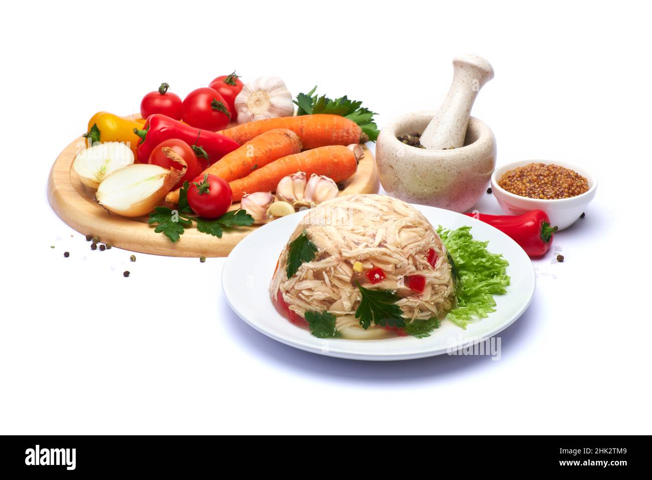 Delicious chicken aspic on a plate isolated on white background Stock ...