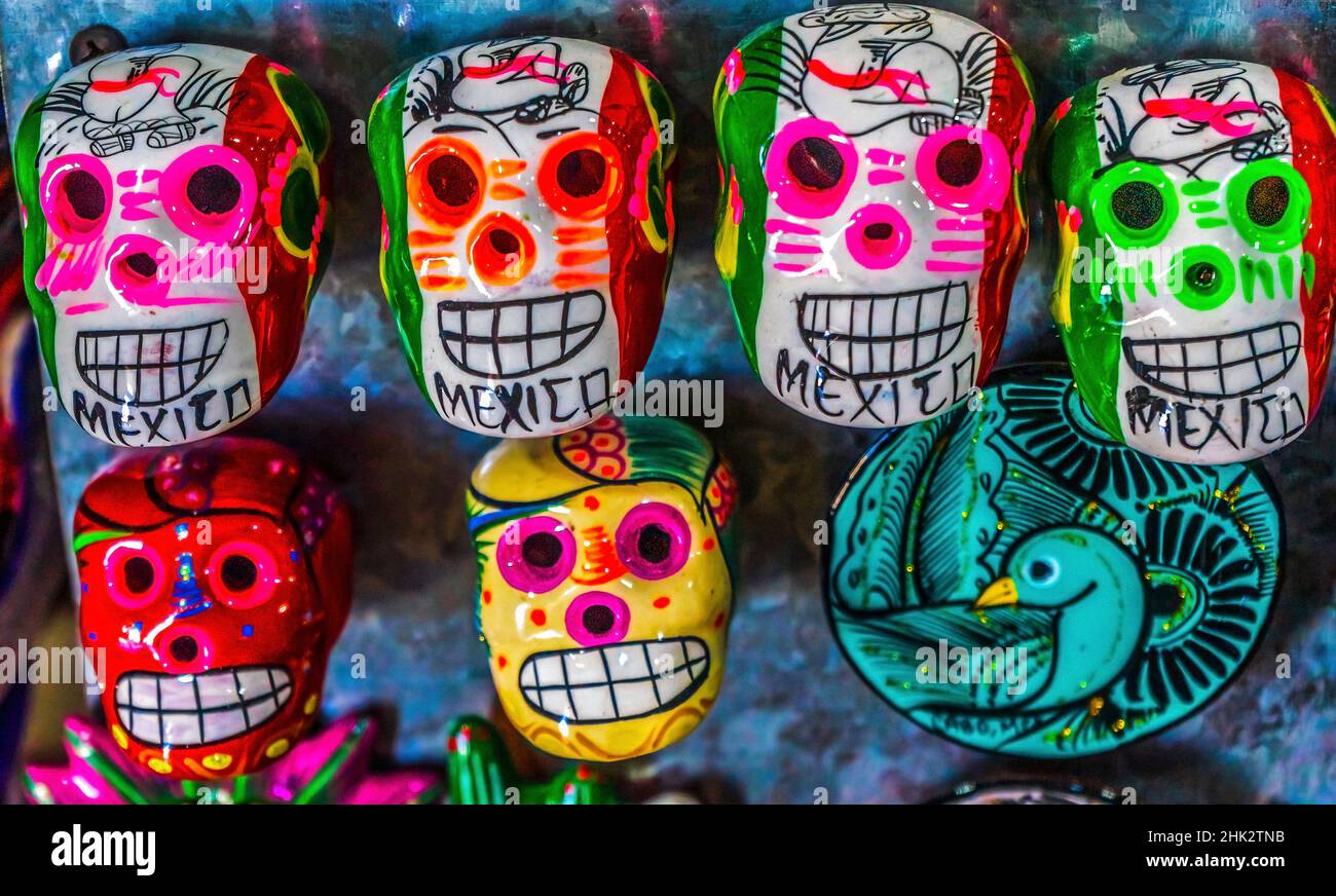 Colorful Mexican magnets. Day of the Dead handicrafts, Los Cabos, Cabo ...