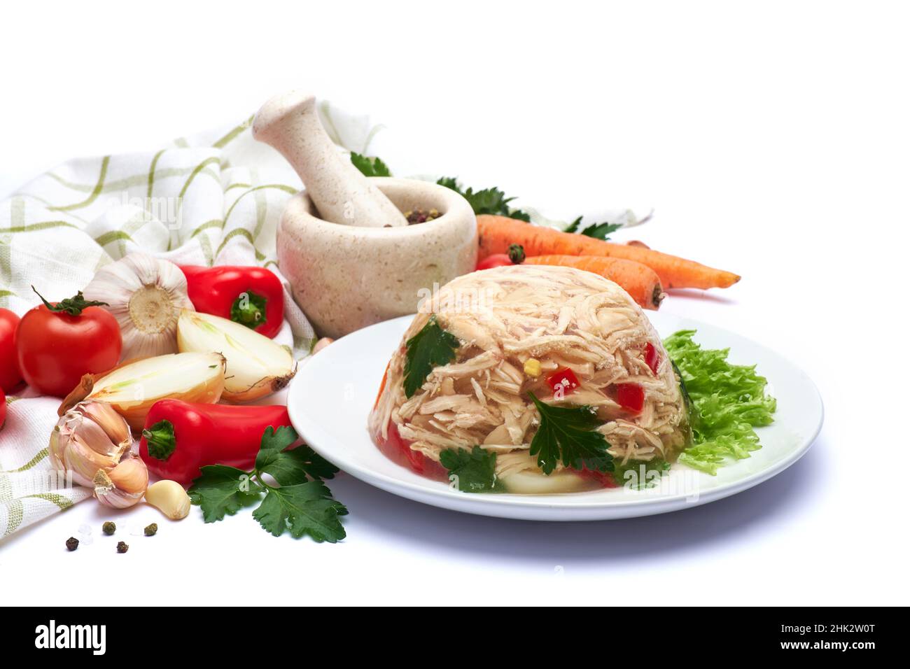 Delicious chicken aspic on a plate isolated on white background Stock ...