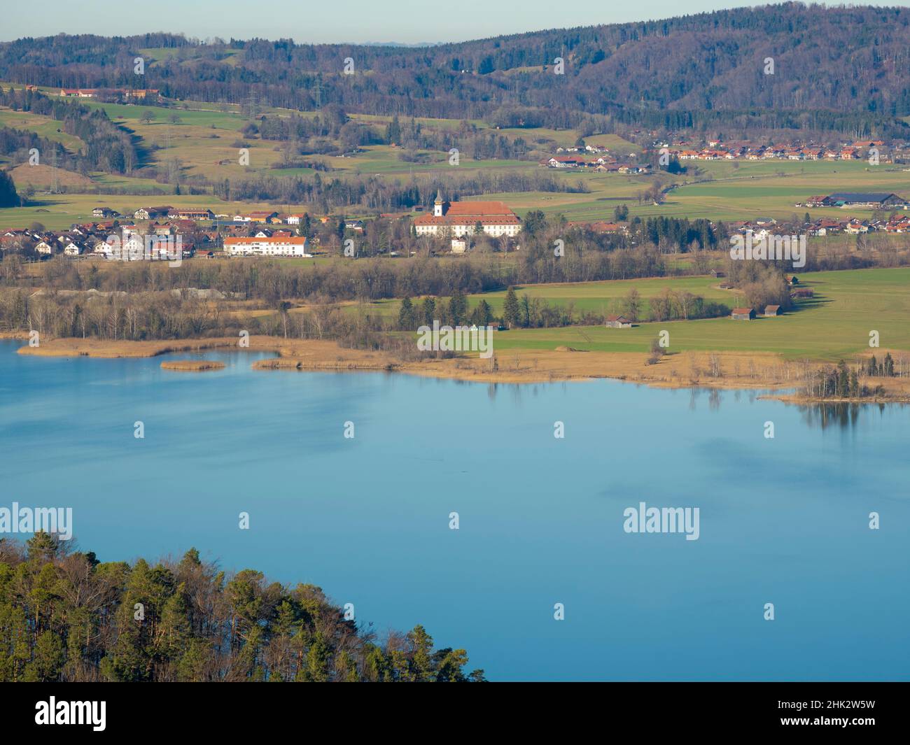 View from Kesselberg mountain road towards lake Kochelsee and the ...