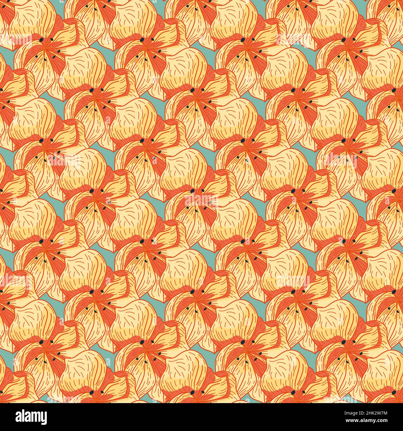 Abstract botanic seamless pattern with orange orchid flower shapes. Blue background. Graphic ...