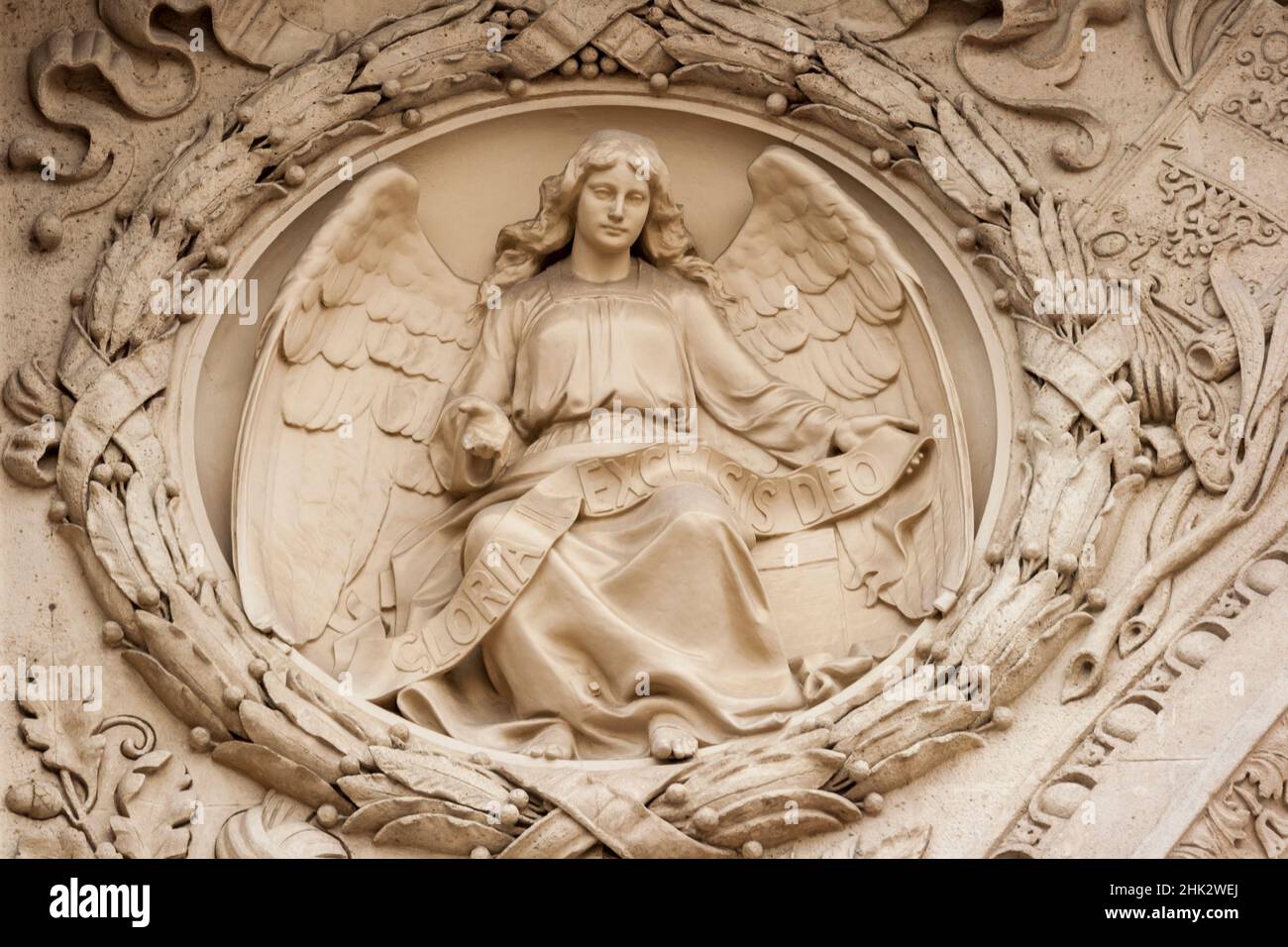 Hungary, Budapest. Architectural detail, relief of angel with banner ...