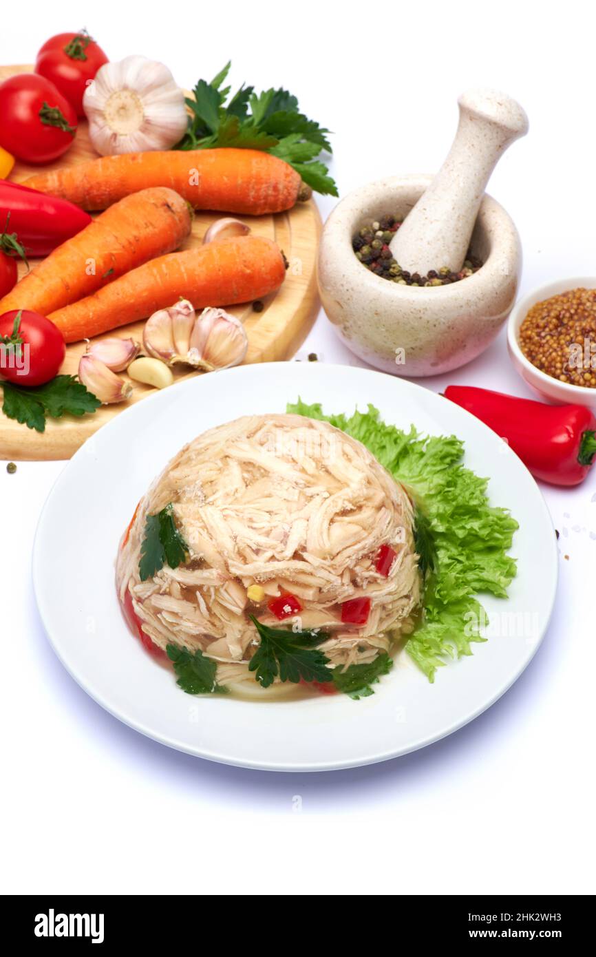 Delicious chicken aspic on a plate isolated on white background Stock ...