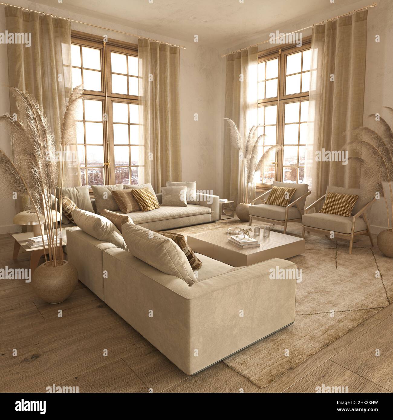 Modern interior japandi style design in livingroom. Lighting and sunny ...