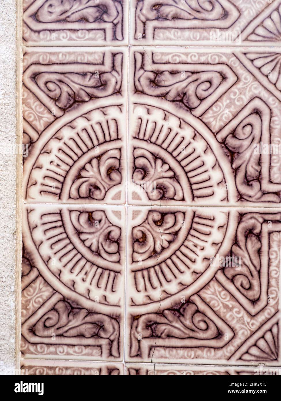 Portugal, Aveiro. Colorful azulejo tiles on the exterior wall of house ...