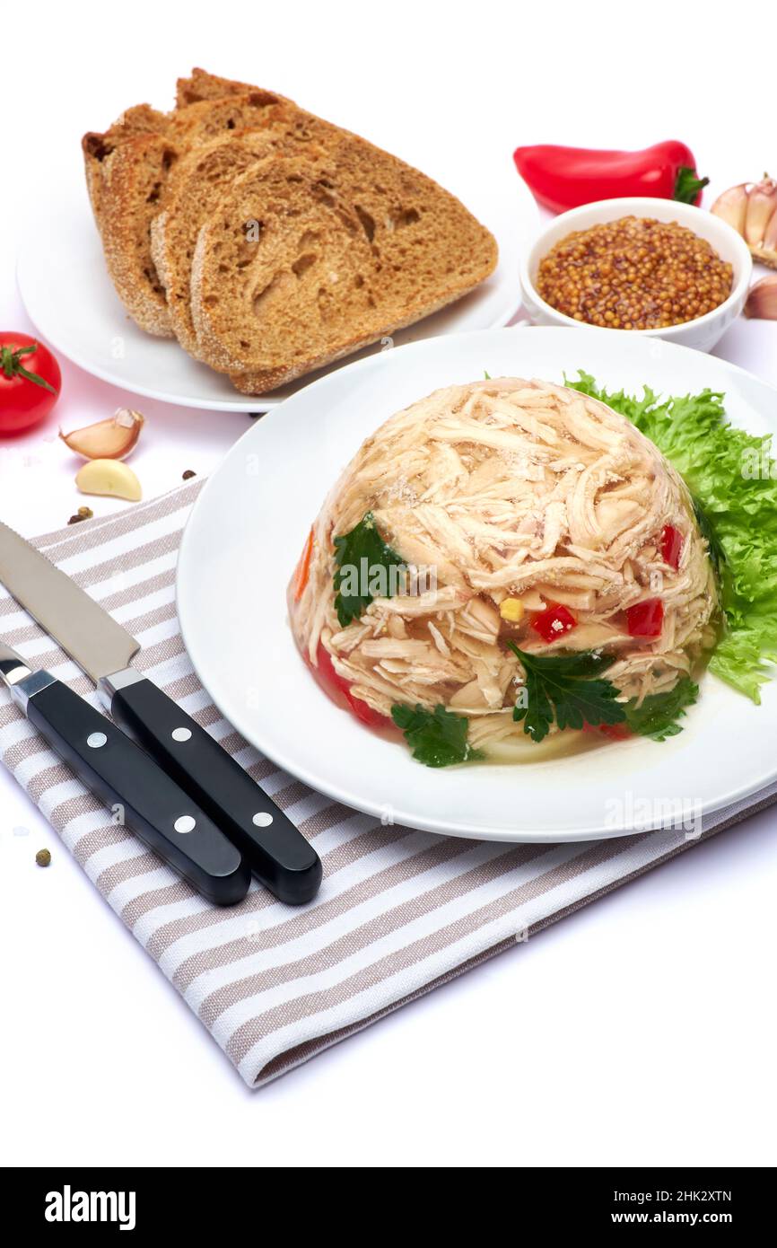 Delicious chicken aspic on a plate isolated on white background Stock ...