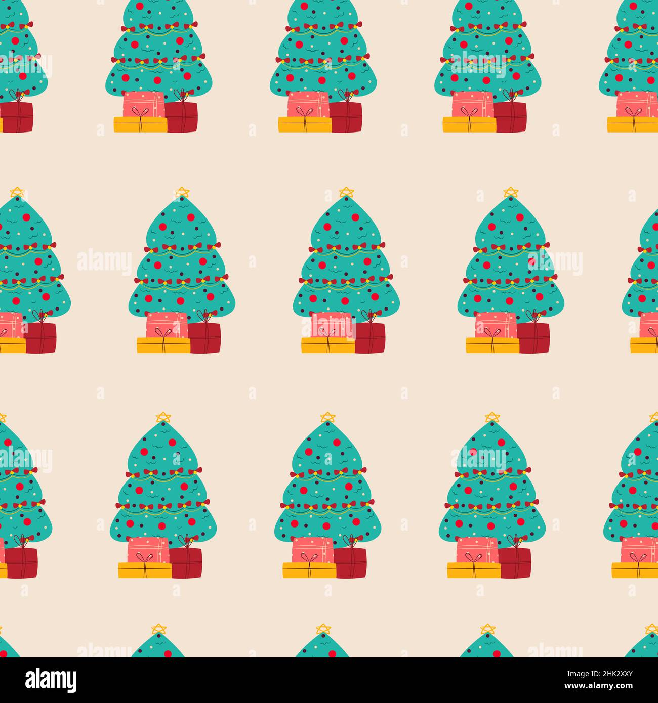 Gift boxes under the Christmas tree seamless pattern. Vector print flat ...