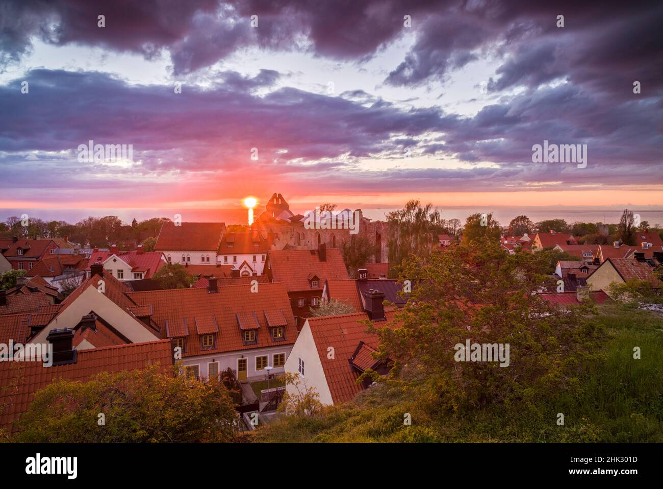 Sweden, Gotland Island, Visby, high angle city view, dusk Stock Photo ...