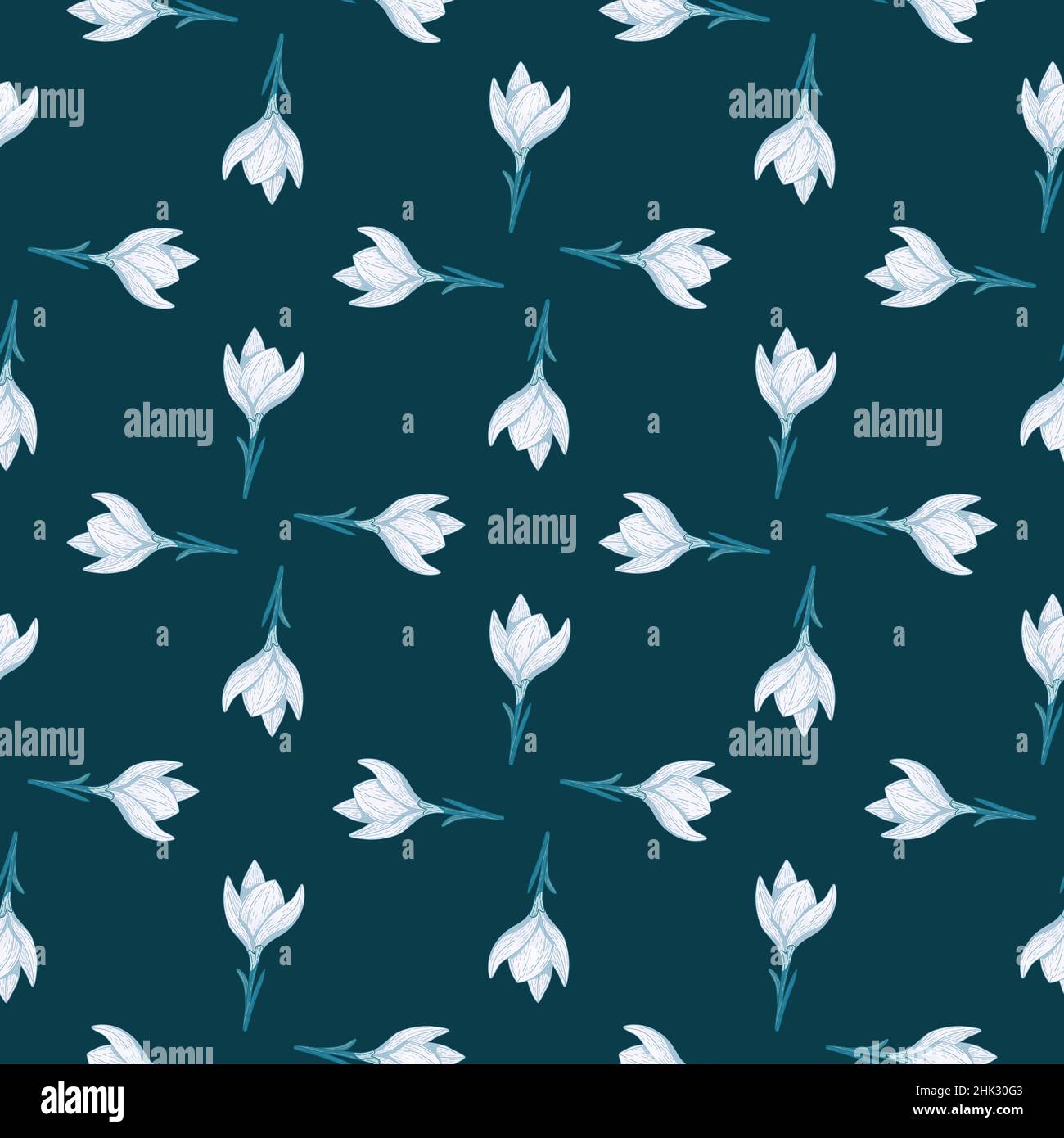 Geometric style seamless pattern with light crocus flowers hand drawn ...