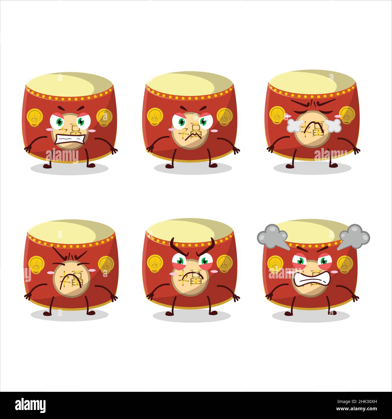 Red chinese drum cartoon character with various angry expressions ...