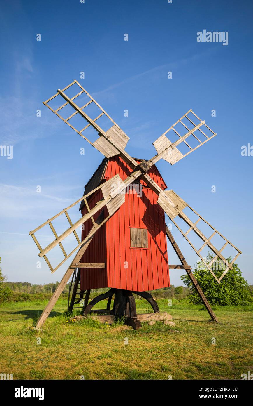 Sweden, Oland Island, Storlinge, antique wooden windmills Stock Photo ...