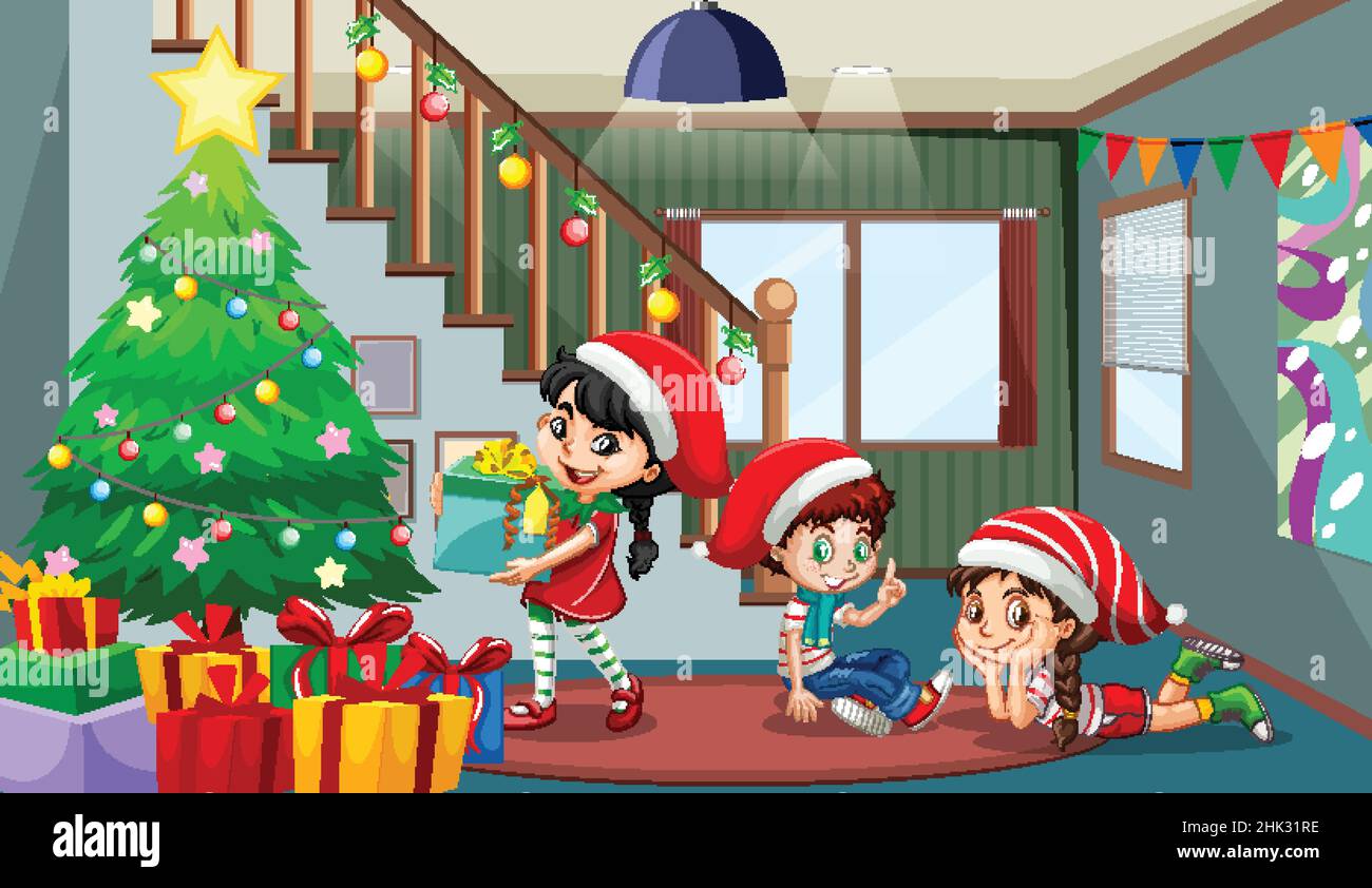 Room scene with children celebrating Christmas illustration Stock ...