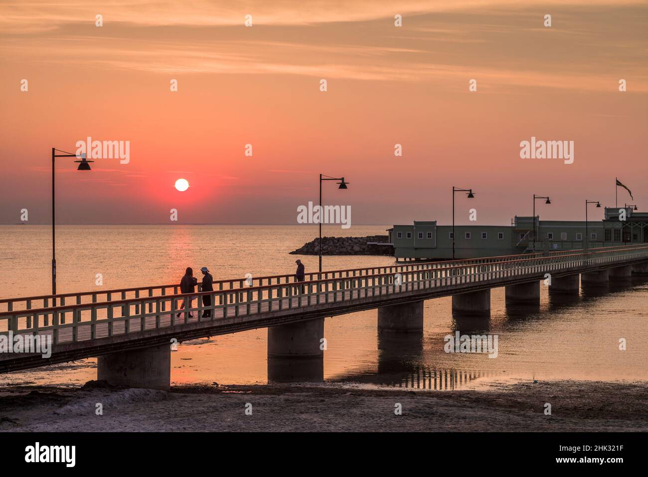 Sweden, Scania, Malmo, Riberborgs Stranden beach area, pier at sunset ...