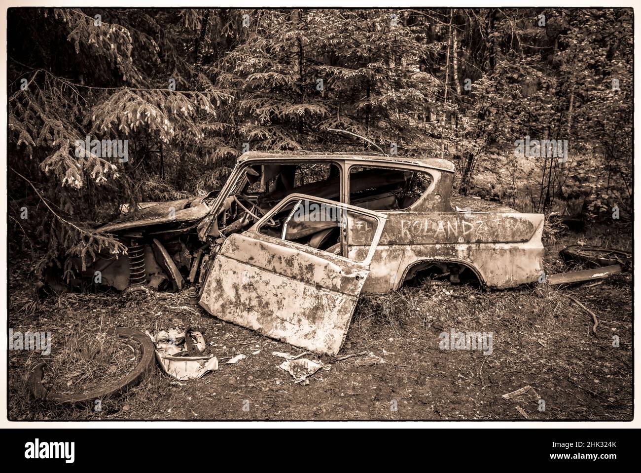 Sweden, Smaland, Ryd, Kyrko Mosse Car Cemetery, former junkyard now pubic park, junked cars ...