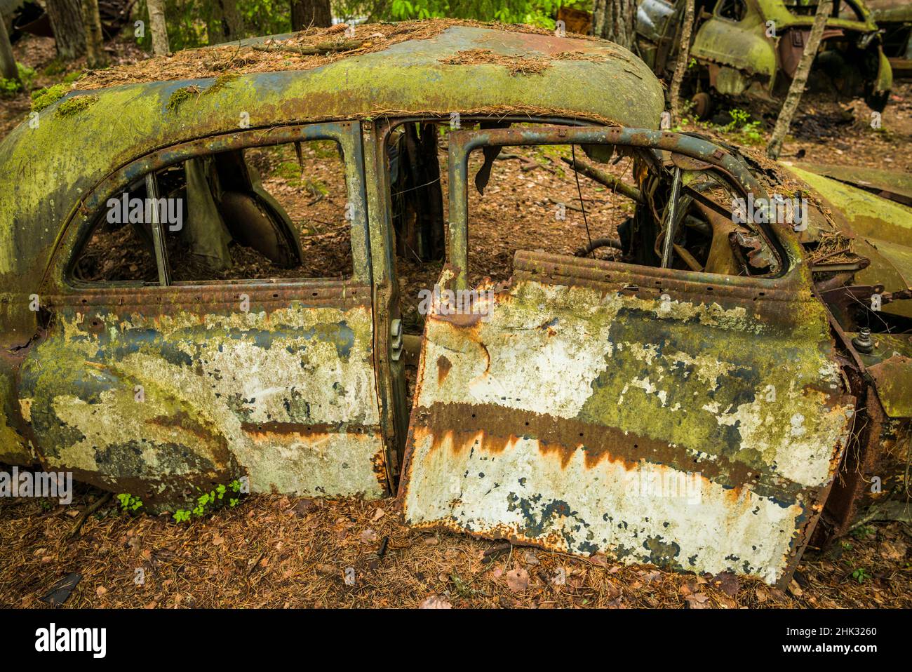 Sweden, Smaland, Ryd, Kyrko Mosse Car Cemetery, former junkyard now pubic park, junked cars ...