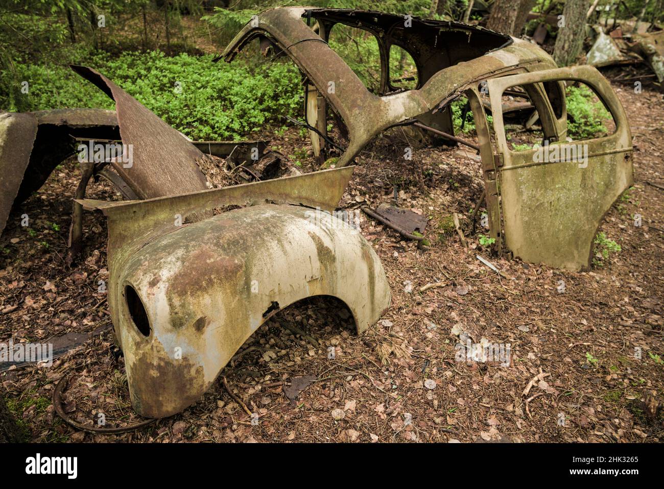 Sweden, Smaland, Ryd, Kyrko Mosse Car Cemetery, former junkyard now pubic park, junked cars ...