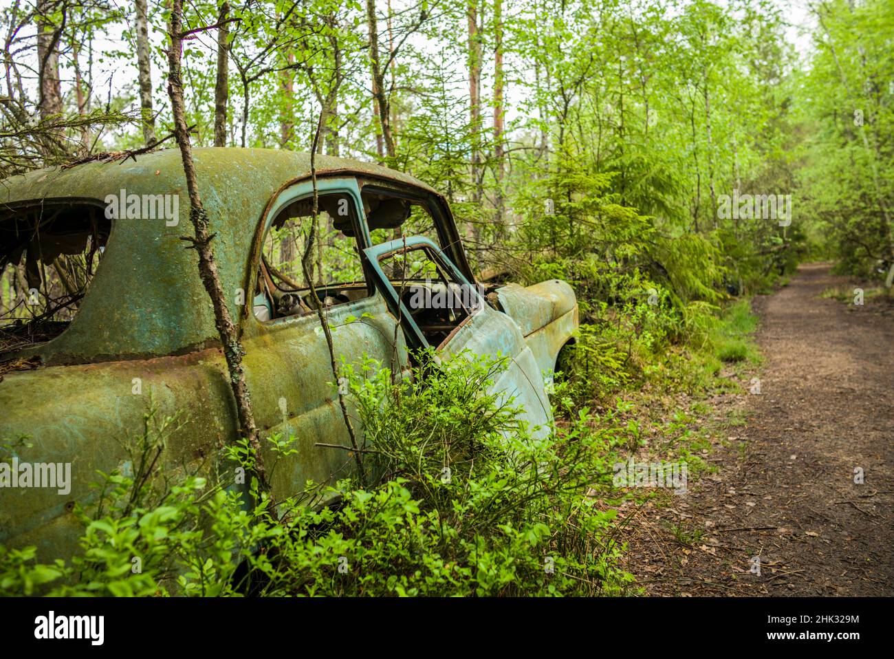 Sweden, Smaland, Ryd, Kyrko Mosse Car Cemetery, former junkyard now pubic park, junked cars ...