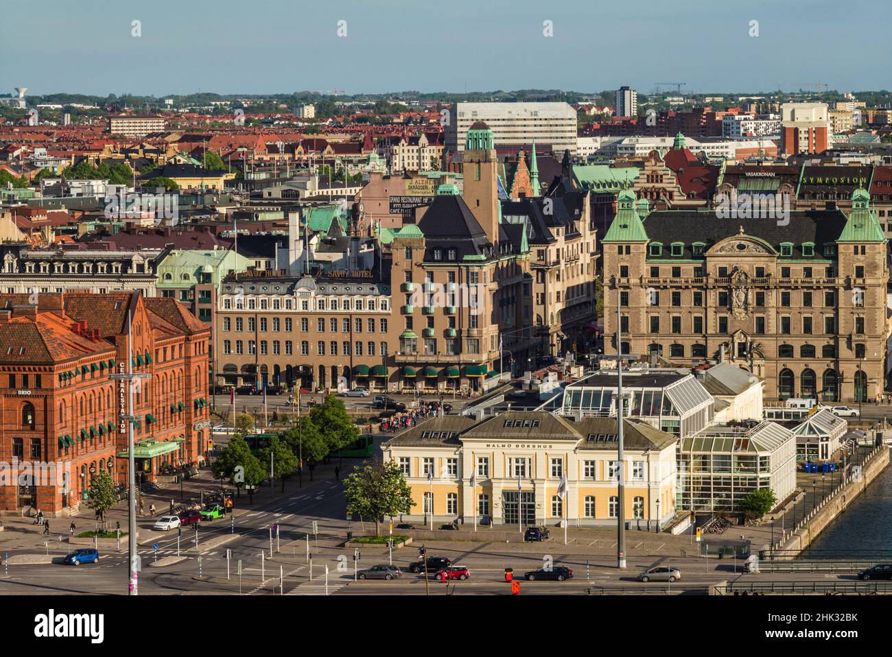 Sweden, Scania, Malmo, Inre Hamnen inner harbor, elevated skyline view ...