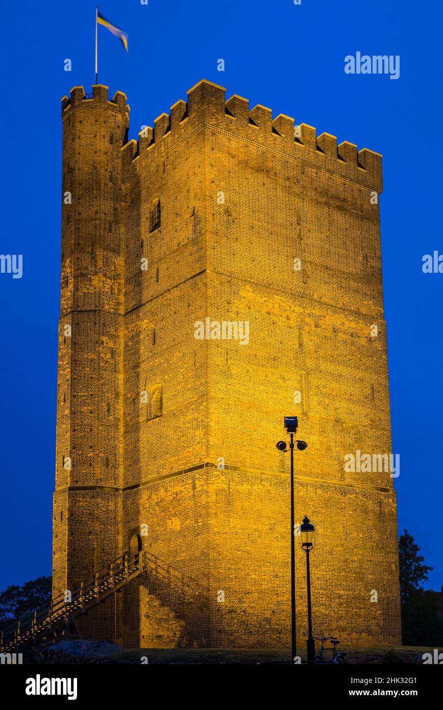 Sweden, Scania, Helsingborg, Karnan, medieval tower, dusk Stock Photo ...